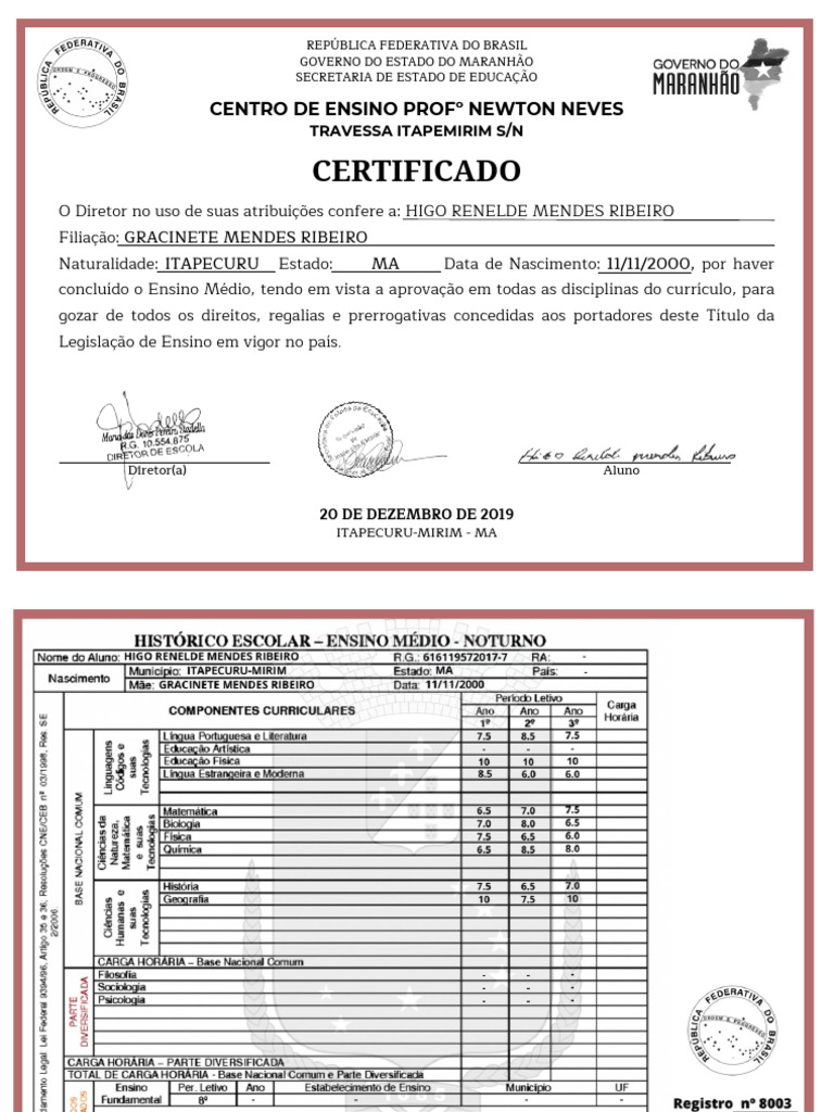 Certificado Ensino Médio | PDF