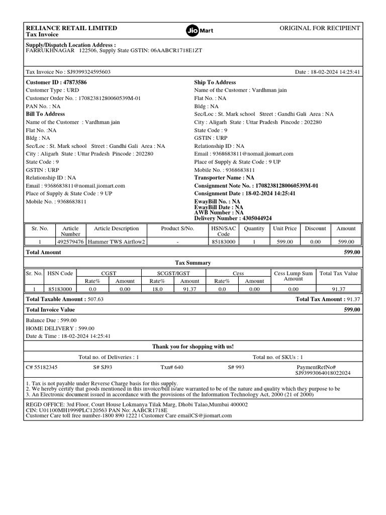 Reliance Retail Limited Tax Invoice: Original For Recipient | PDF ...
