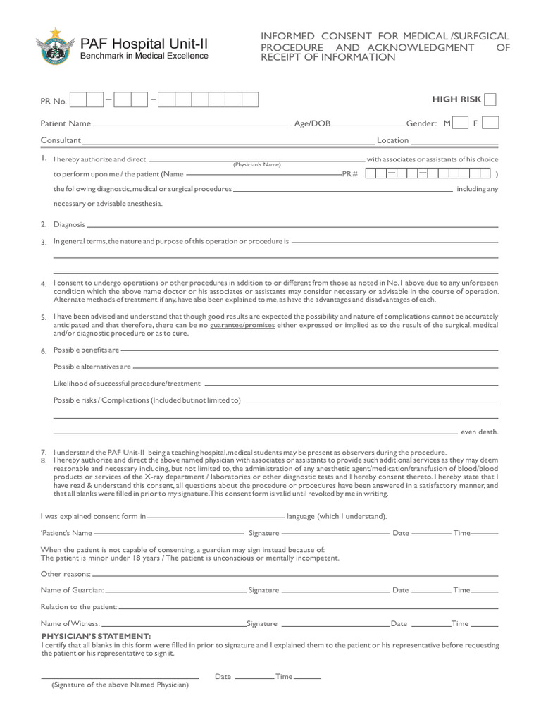 Informed Consent For Medical-Surfgical Procedure and Acknowledgment of Receipt of Information ...