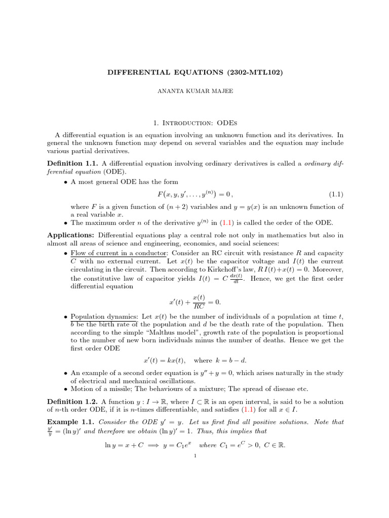 2302 MTL102 ODE Part | PDF | Ordinary Differential Equation | Equations