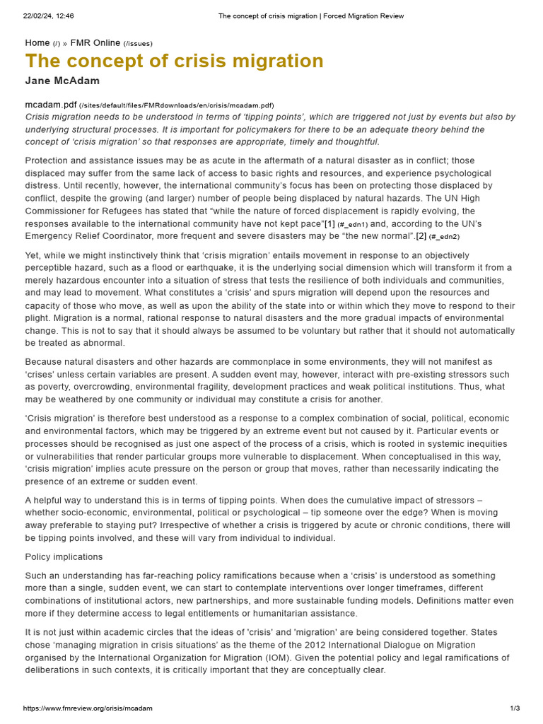 The Concept of Crisis Migration - Forced Migration Review | PDF
