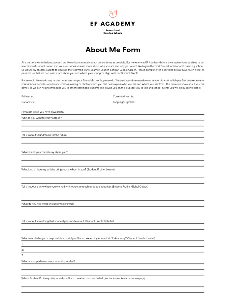 About Me Form for EF Academy Applicants | PDF | Learning | Critical ...