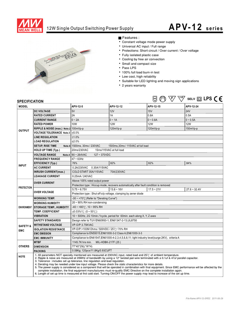 FT MEA DriverMeanWell 12W APV 12 Series | PDF | Power Supply ...