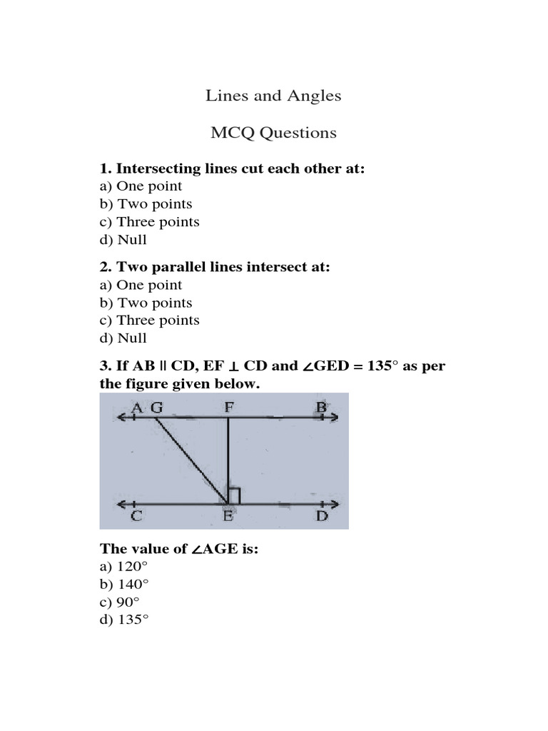 9 MCQ Lines and Angles | PDF | Triangle | Angle
