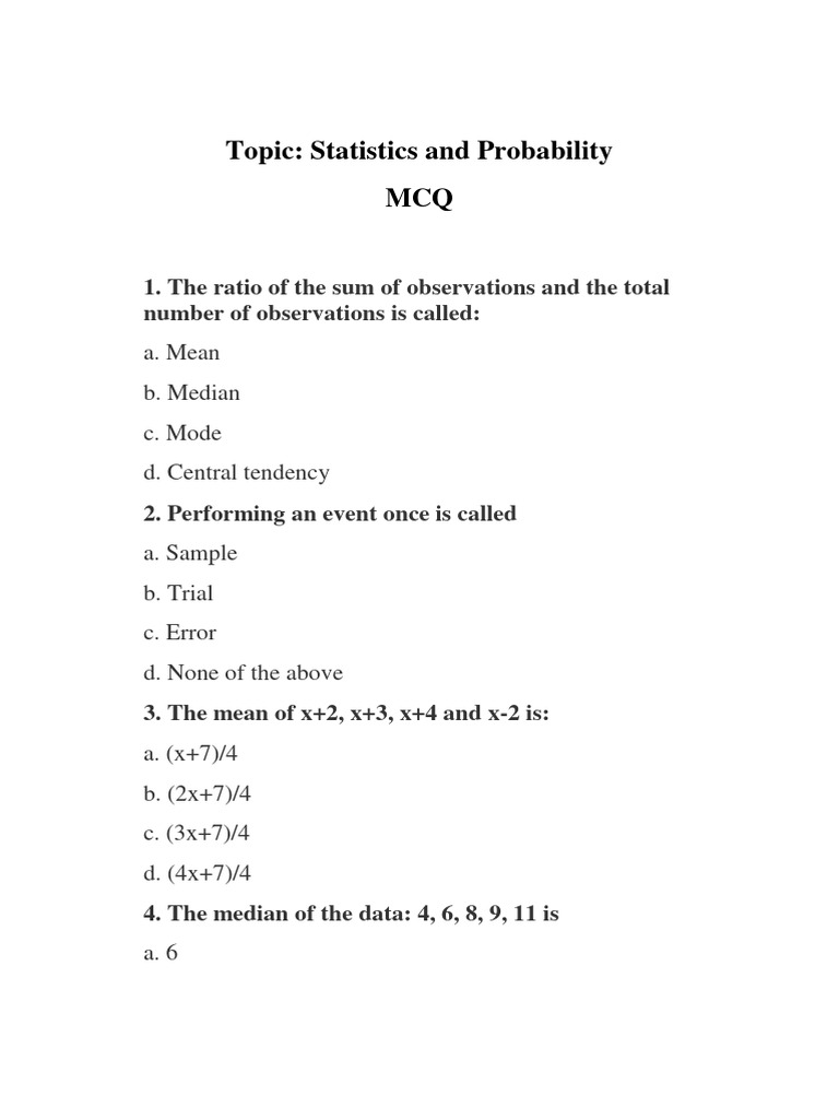 Class 9 Statistics & Probability MCQs | PDF | Mean | Mode (Statistics)
