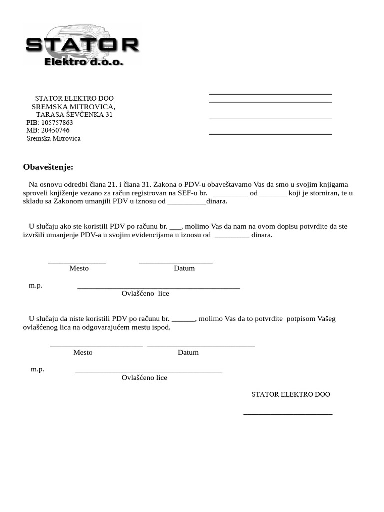 Obaveštenje Uz Storno Računa BLANKO | PDF