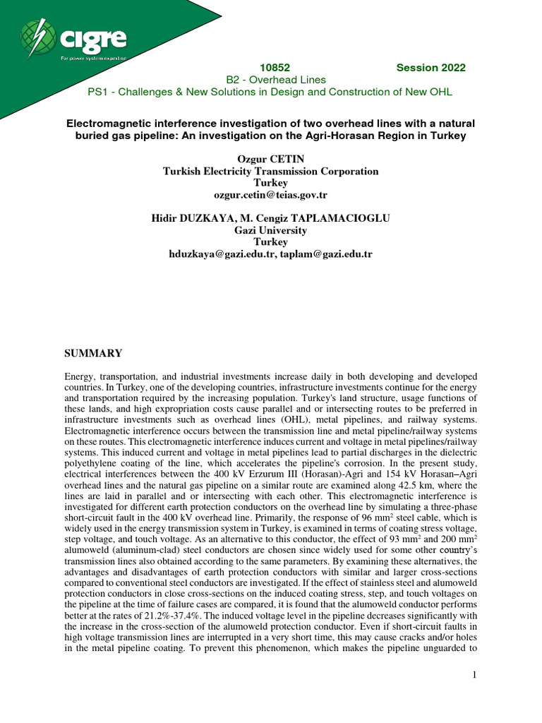 CIGRE Electromagnetic Interference Investigation of Two Overhead Lines ...