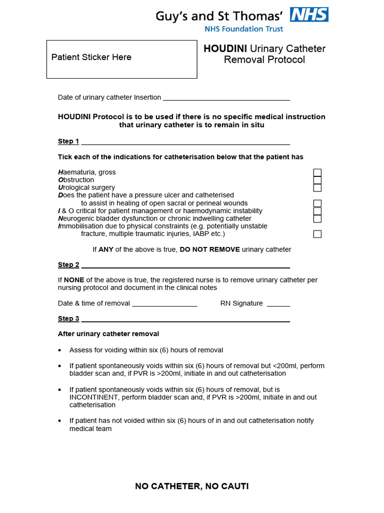 HOUDINI Urinary Catheter Removal Protocol - v2 - GSTT | PDF
