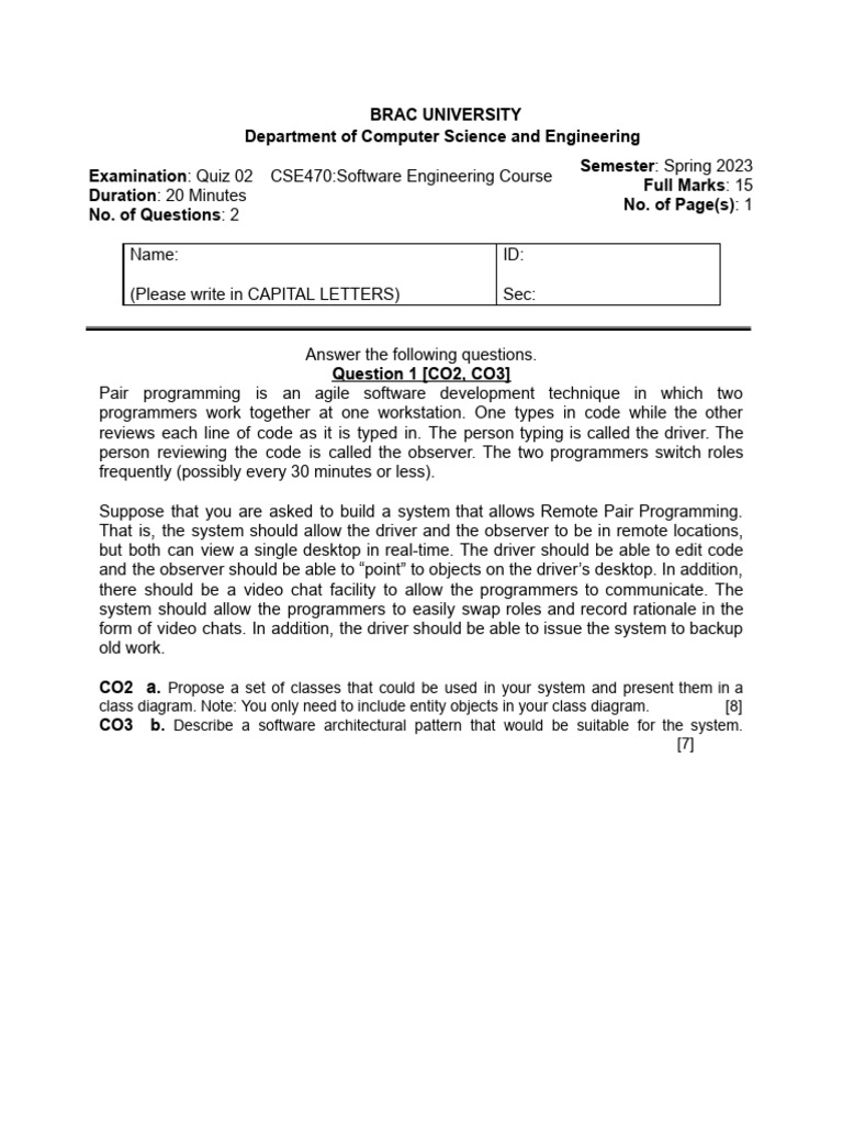 CSE470 Quiz 03 Sec-01-07 | PDF | Art | Computers