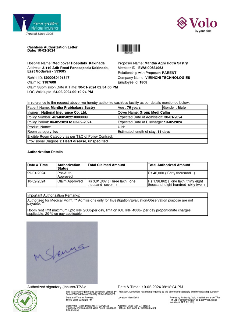 Cashless Authorization Letter Date: 10-02-2024: Authorized Signatory ...