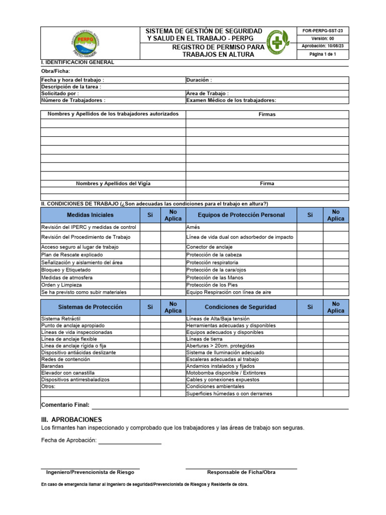 For-perpg-sst-23-Registro de Permiso para Trabajos en Altura | PDF For-perpg-sst-23-Registro de Permiso para Trabajos en Altura | PDF