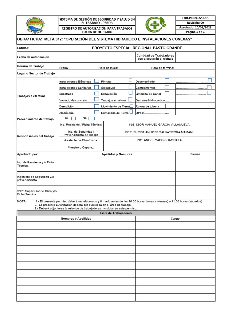 For-perpg-sst-15-Registro de Autorización Fuera de Horario de Trabajo | PDF For-perpg-sst-15-Registro de Autorización Fuera de Horario de Trabajo | PDF