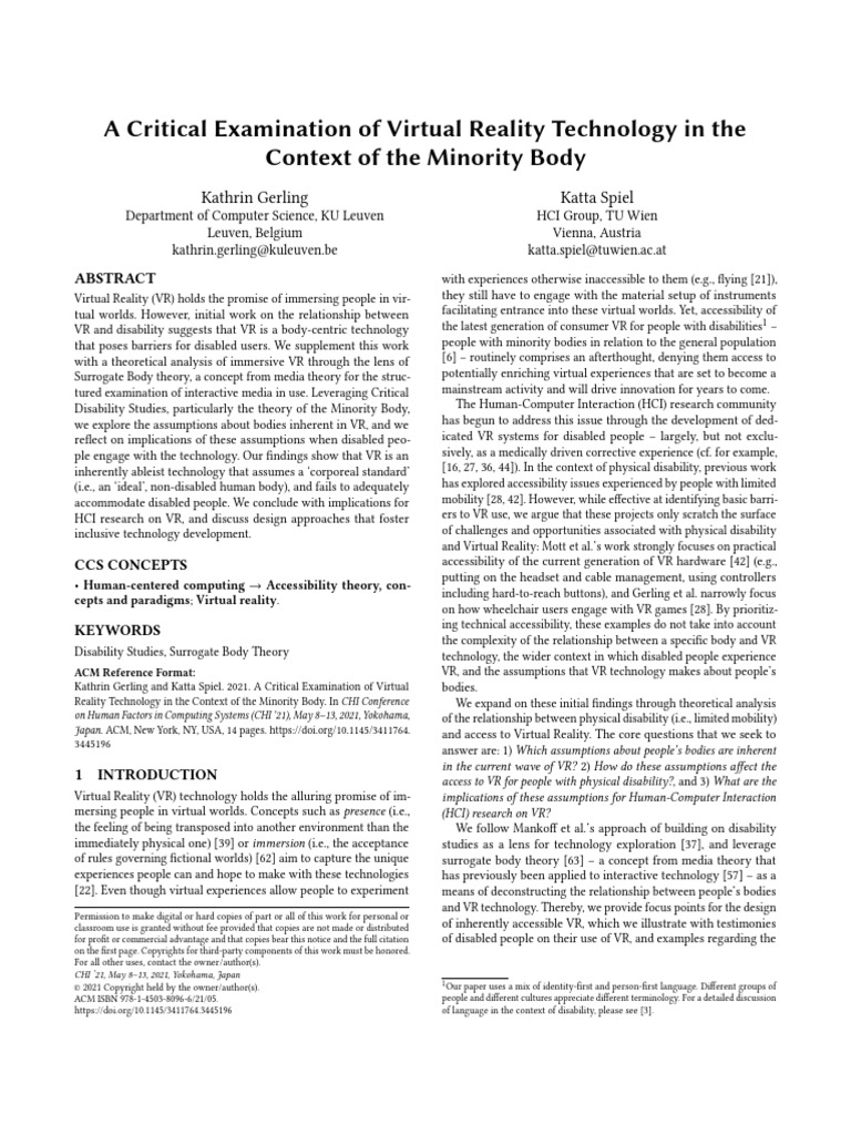 CHI 2021 Gerling Spiel VR and Disability CR Version | PDF | Virtual Reality | Disability