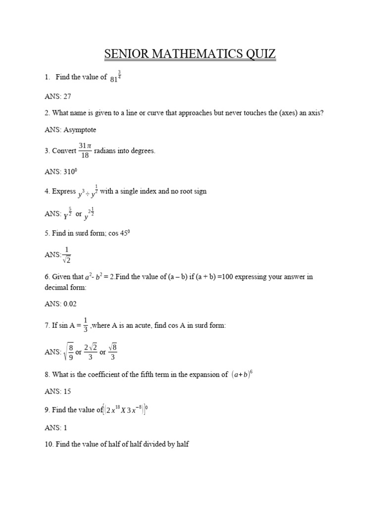 Senior Mathematics Quiz | PDF | Area | Circle