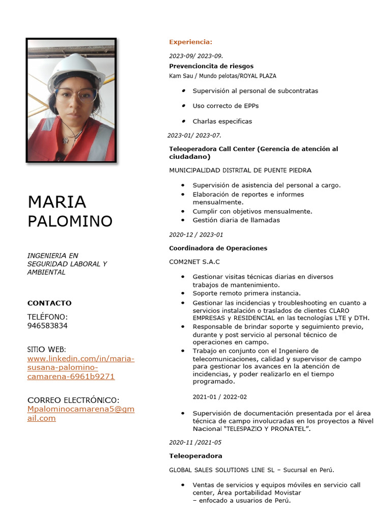 Curriculum Vitae Doc - María Palomino | PDF | Centro de llamadas | Business