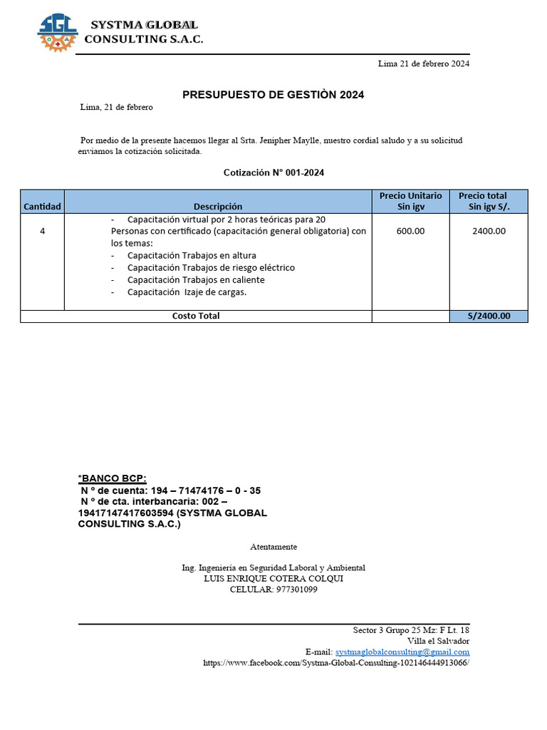 Cotización - CONSTRUCTORA MLM SAC. | PDF
