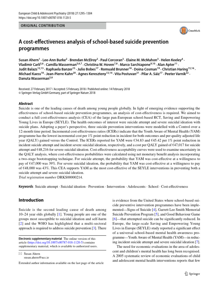 Ahern Et Al 2018 A Cost Effectiveness Analysis of School-Based Suicide ...