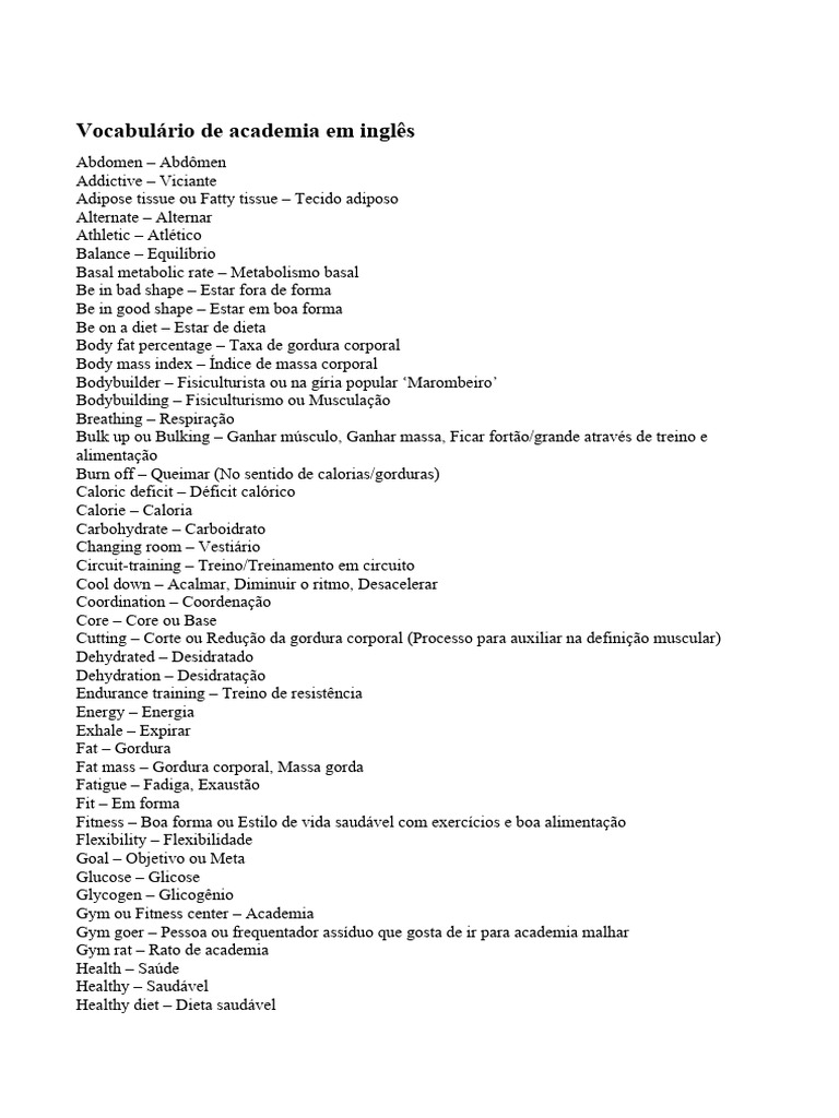Vocabulário de Academia em Inglês | PDF | Treinamento de força ...