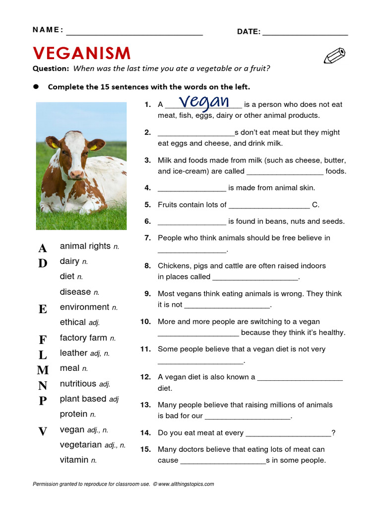 Veganism Vocabulary Exercise | PDF | Veganism | Vegetarianism