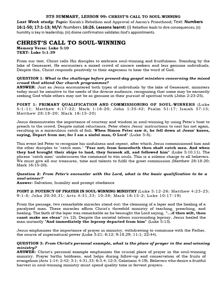 STS Summary - Christ Call To Soul Winning | PDF | Jesus | Gospel Of Matthew