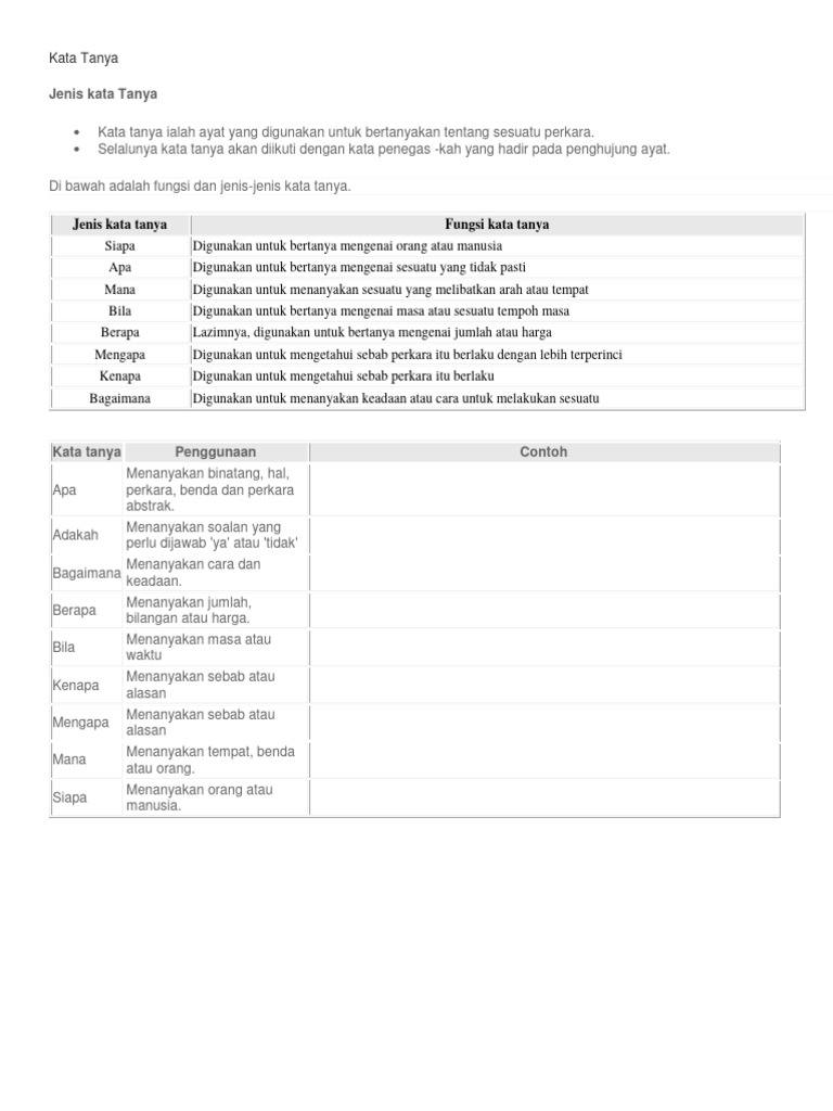 Jenis dan Fungsi Kata Tanya dalam Bahasa Melayu | PDF