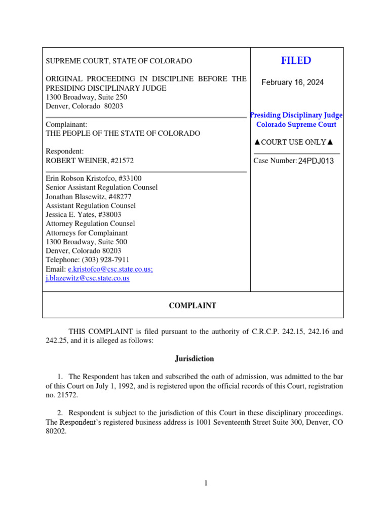 Complaint Against Robert Weiner | PDF | Discovery (Law) | Prosecutor