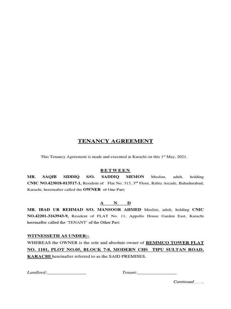 Karachi Tenancy Agreement 2021 | PDF | Leasehold Estate | Landlord