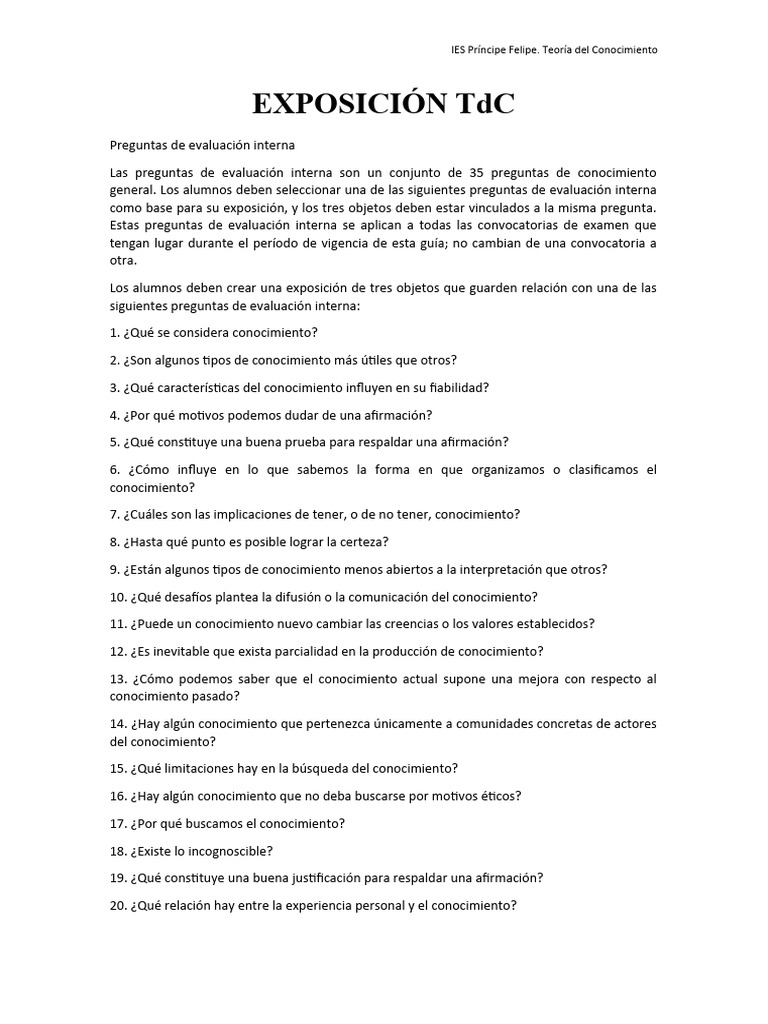Preguntas para Exposición de TdC IB | PDF | Conocimiento | Epistemología