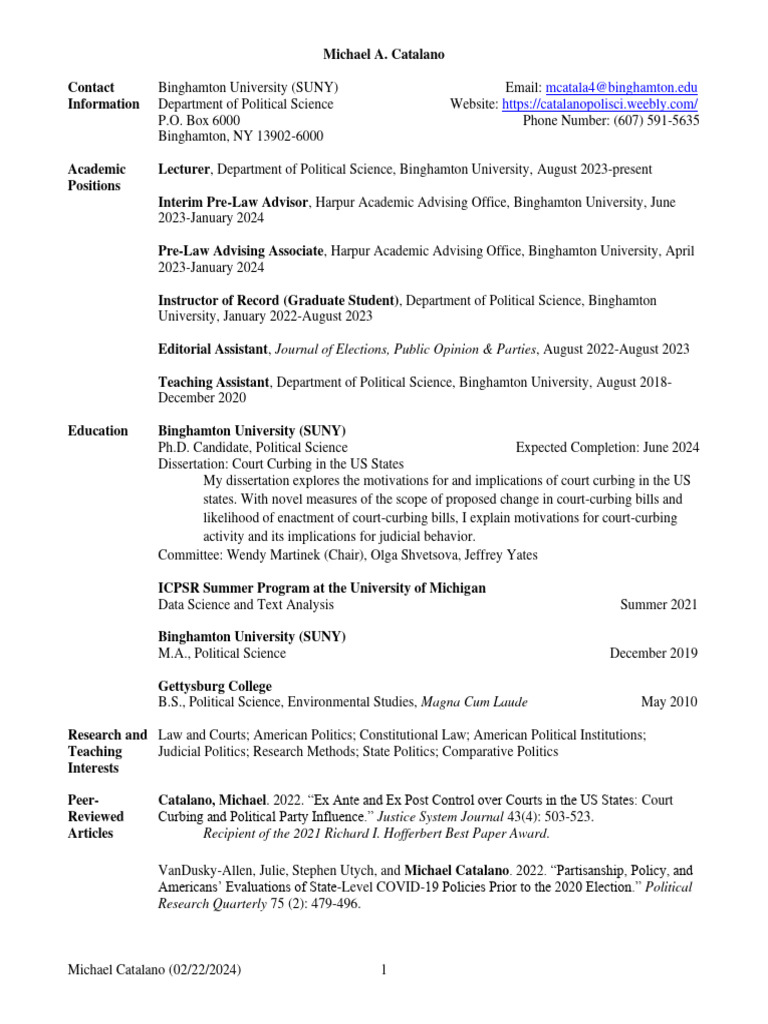 Michaelcatalanocv 022224 | PDF | Political Science | Thesis
