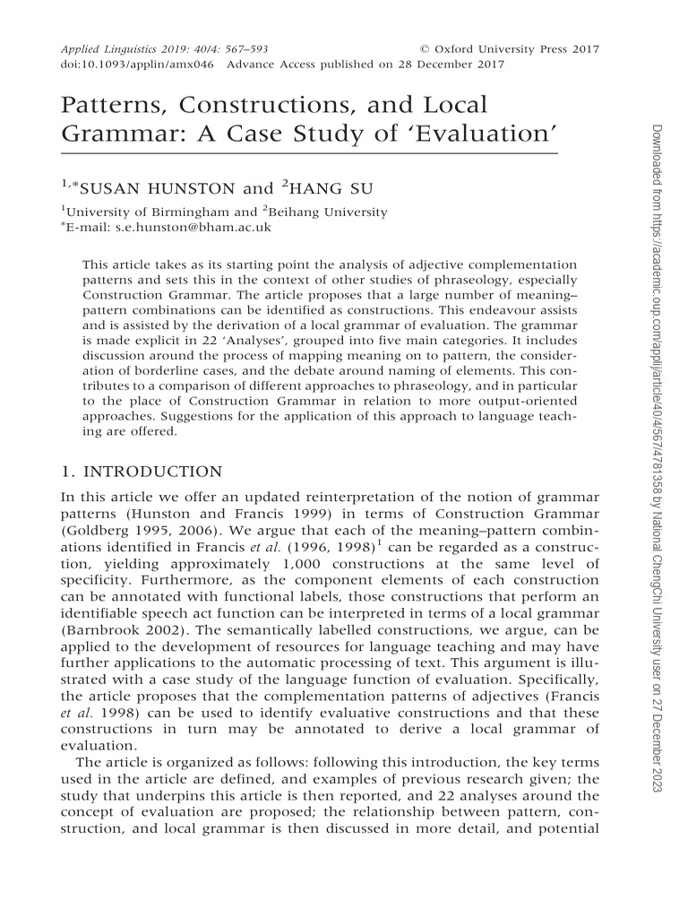 Hunston, S., & Su, H. (2019). Patterns, constructions, and local grammar A case study of ...