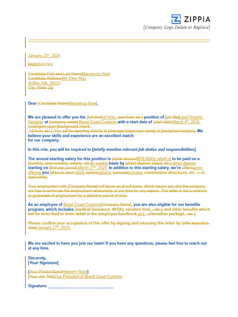 Offer Letter Template Zippia | PDF | Employment | Workplace