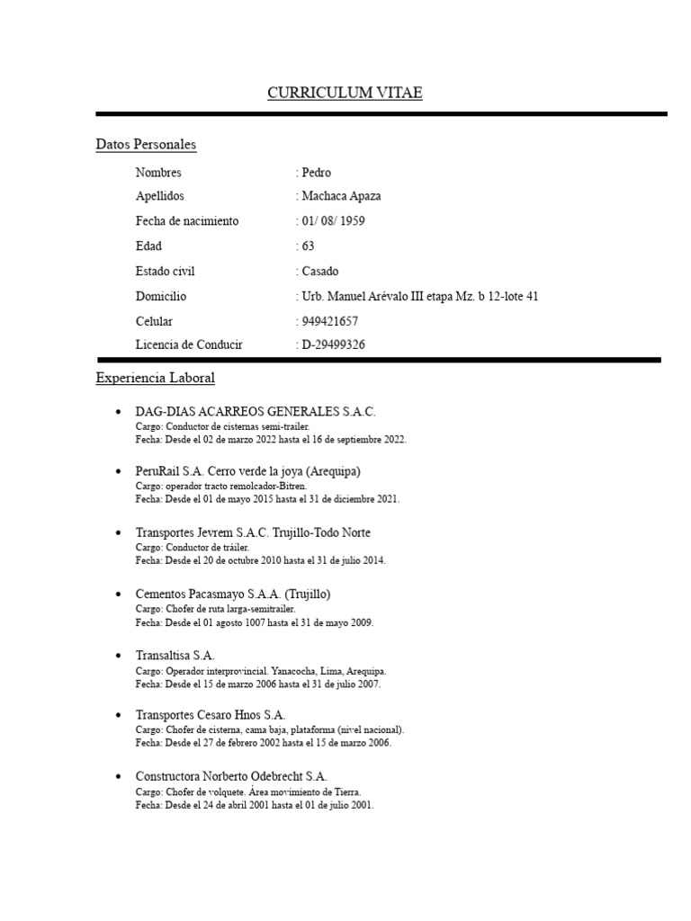 CV de Conductor Pedro Machaca Apaza | PDF