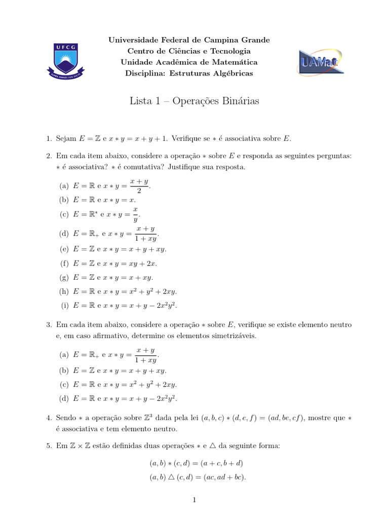 Lista 1 - Estruturas Algébricas | PDF | Lógica matemática | Álgebra