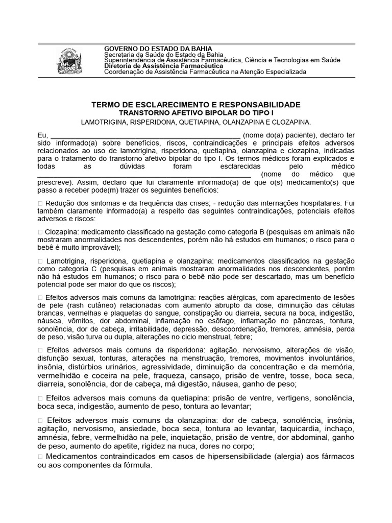 Termo de Esclarecimento e Responsabilidade Transtorno Afetivo Bipolar Tipo I | PDF | Transtorno ...