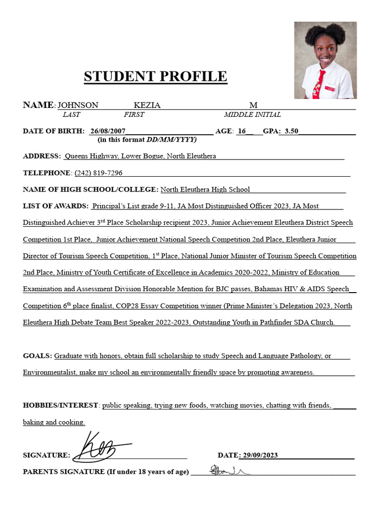 Student Profile Kezia Johnson | PDF