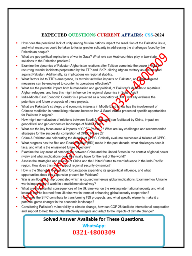 Expected Questons Current Affairs CSS 2024 | PDF | Pakistan | State Of Palestine