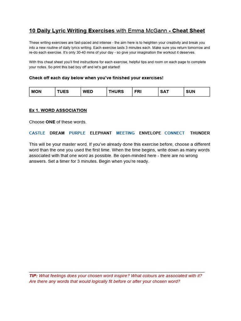 Daily Lyric Writing Exercises - CHEAT SHEET | PDF | Song Structure | Mind