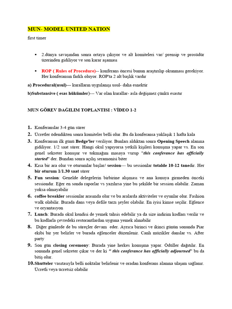 Mun-Model United Nation: ROP (Rules of Procedure) | PDF
