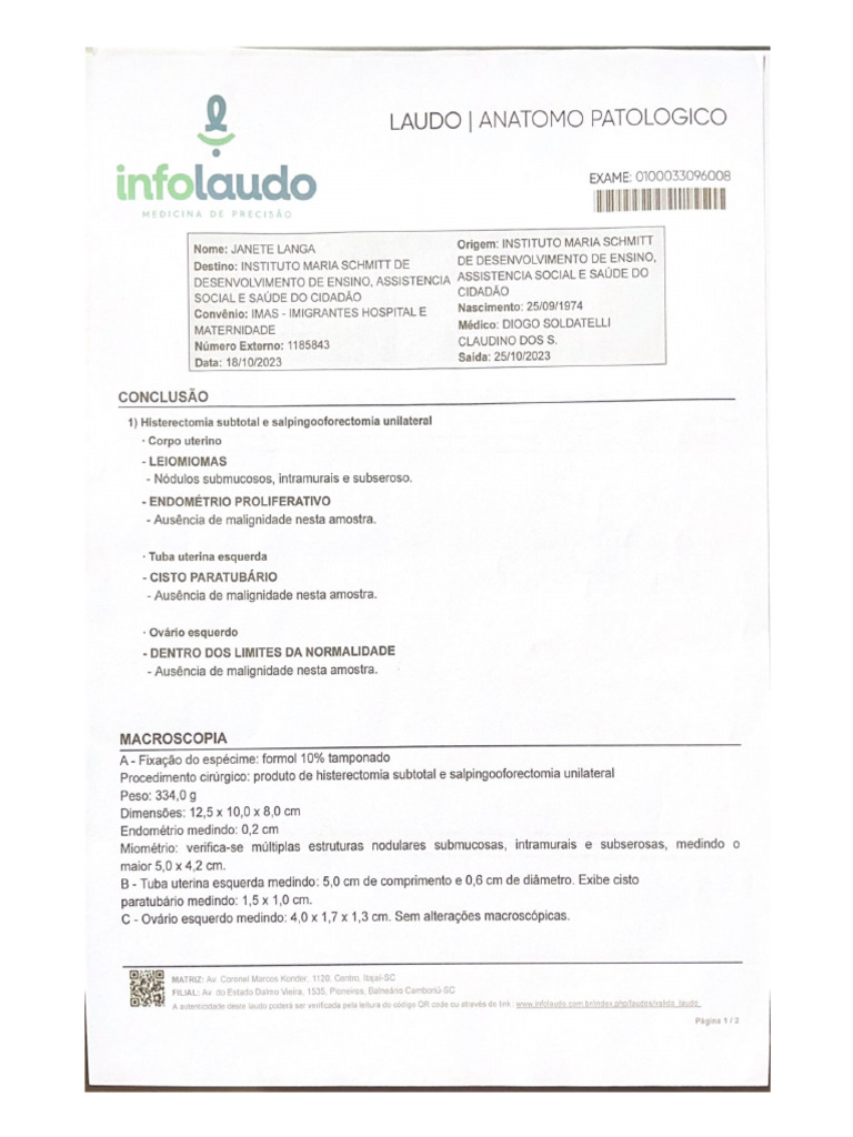 Laudo Anatomo Patologico | PDF