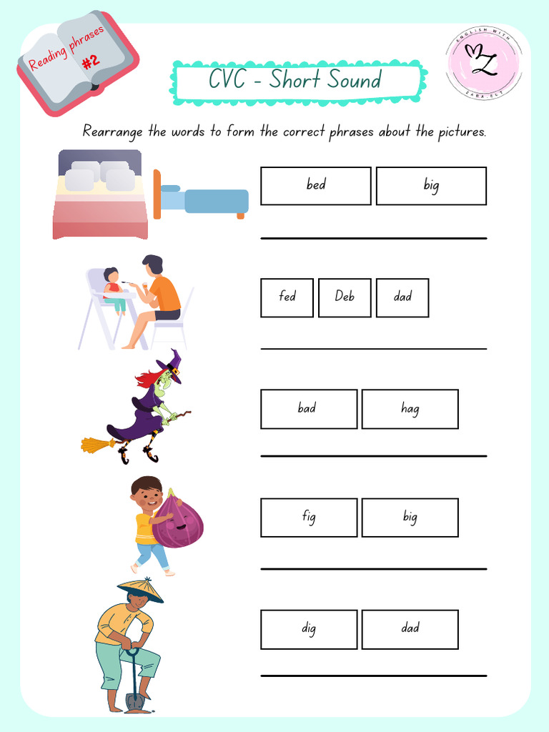 Easy Reading Phrases With Short e Sound Worksheet | PDF