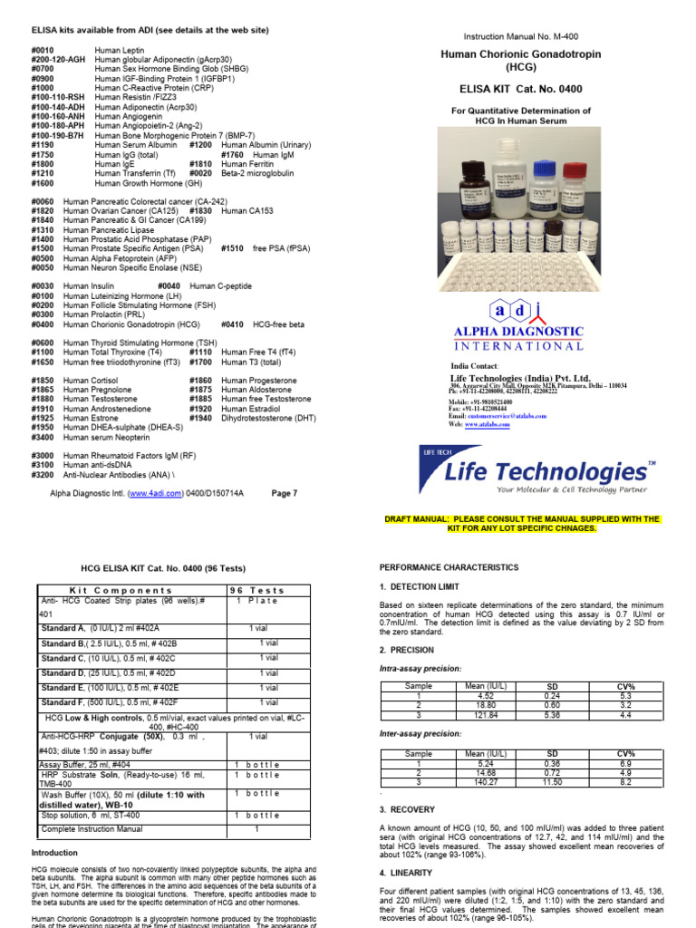 Human Chorionic Gonadotropin (HCG) ELISA KIT Cat. No. 0400: ELISA Kits Available From ADI (See ...