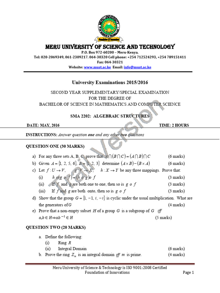 Sma 2202 Algebraic Structures | PDF | Group (Mathematics) | Mathematical Concepts