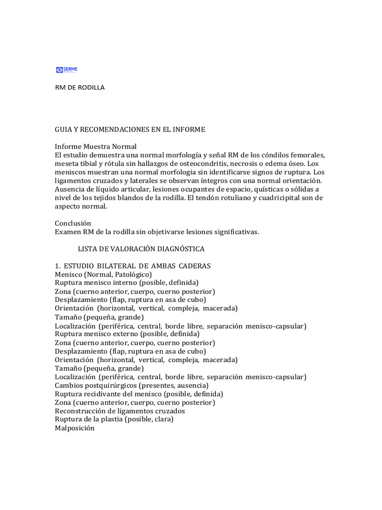 RM de Rodilla: Informe y Diagnóstico | PDF | Rodilla | Anatomía del ...