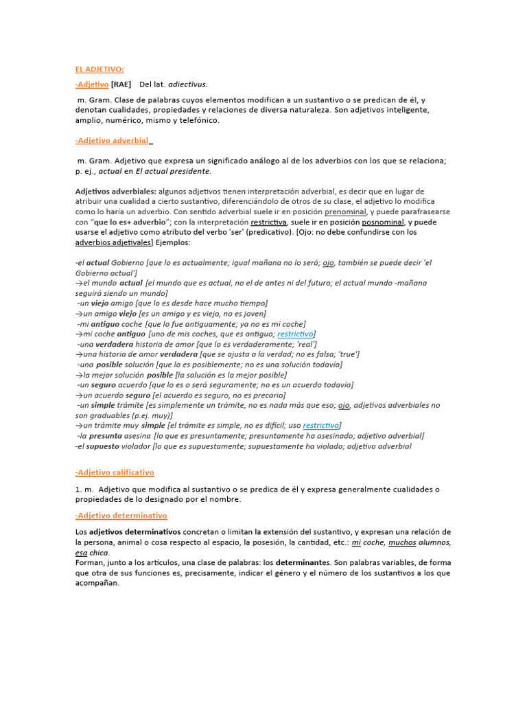 El Adjetivo y Sus Clases | PDF | Adjetivo | Adverbio