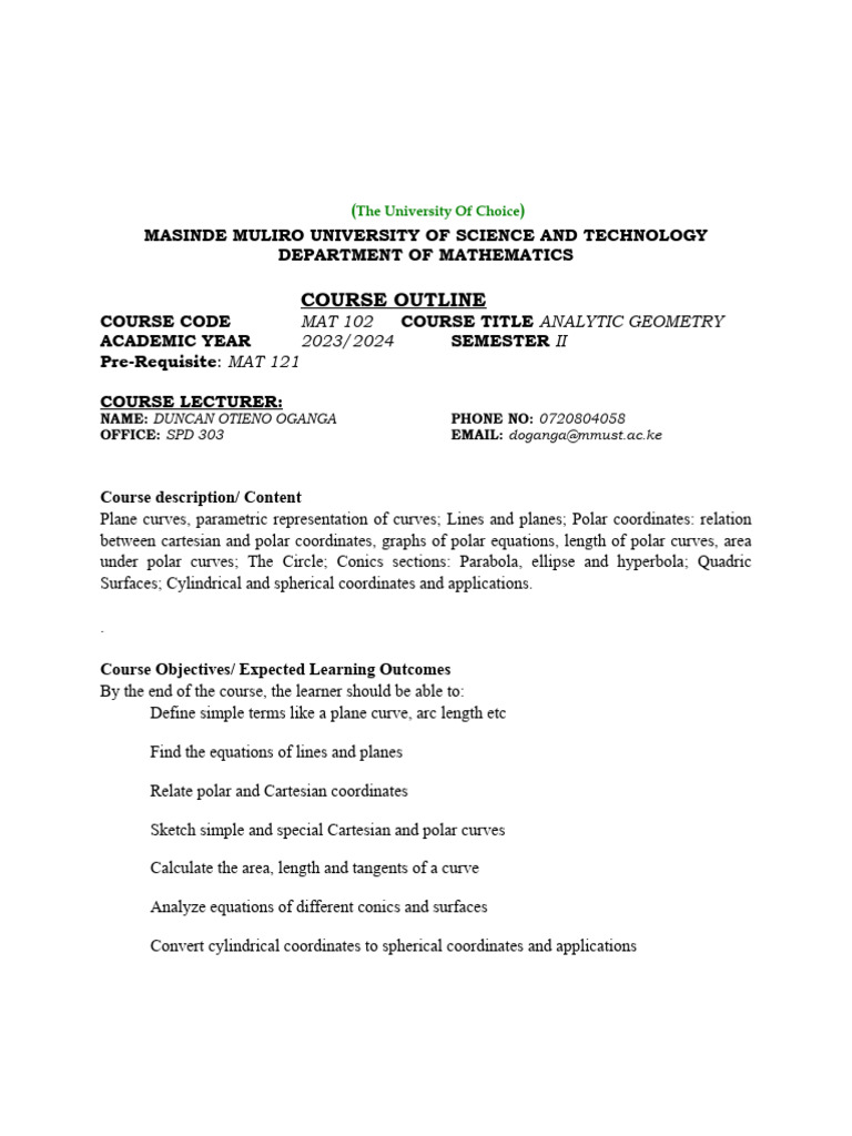 Mat 102 Analytic Geometry-2024 | PDF | Curve | Analytic Geometry