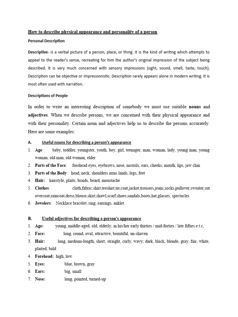 Describing Physical Appearance and Personality | PDF | Clothing | Fashion