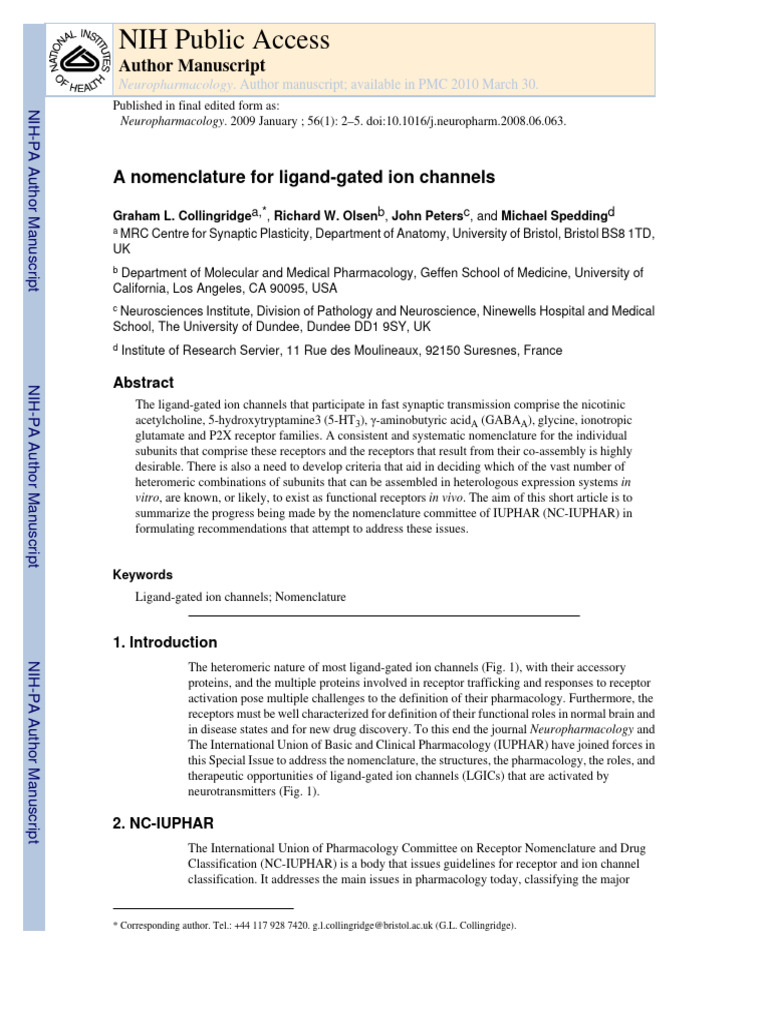 Collingridge Et Al 2009 Nomenclature For Ligand-Gated Ion CH | PDF ...