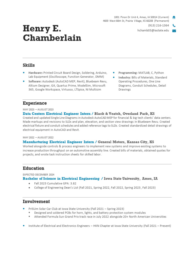 Henry Chamberlain s2024 Resume | PDF | Autodesk | Electrical Engineering