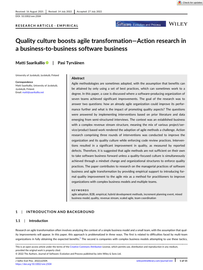 Quality Culture Boosts Agile Transformation - Action Research in A ...