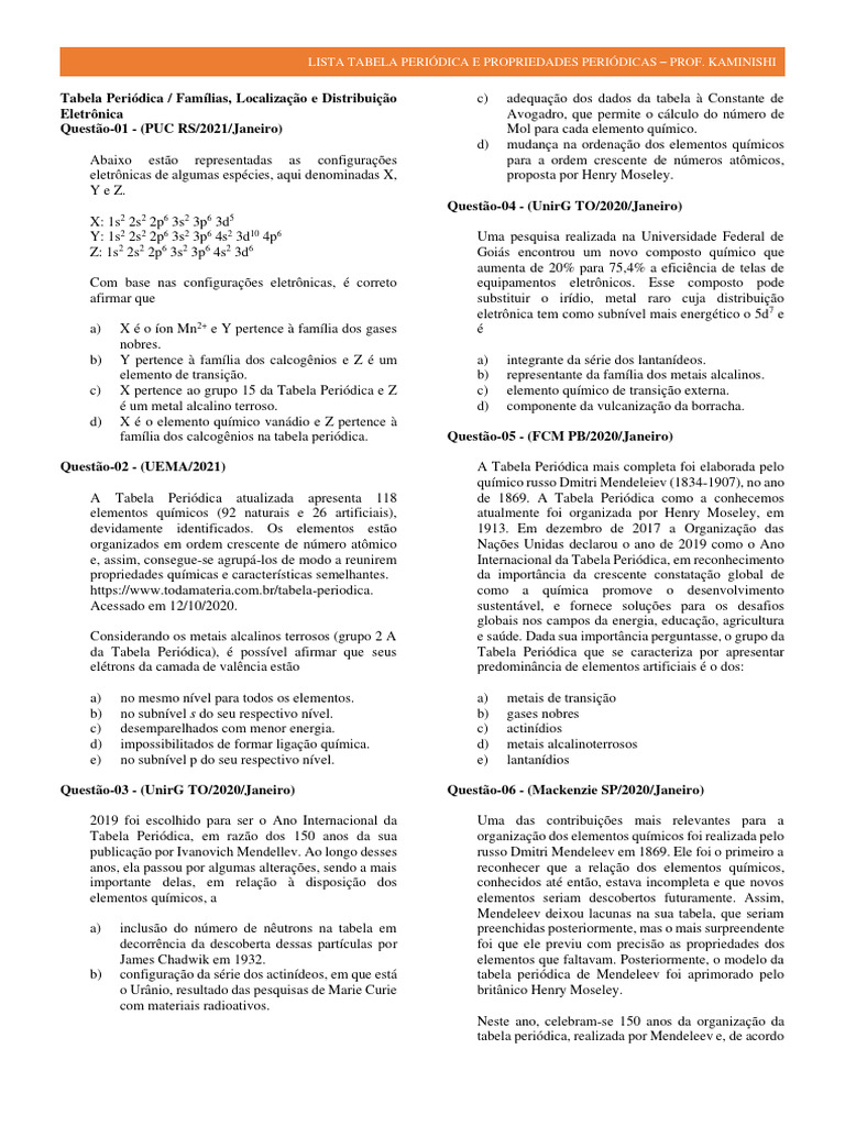 Lista Tabela Periódicas e Propriedades Periódicas | PDF | Tabela ...